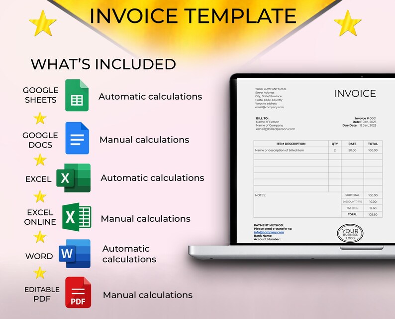 INVOICE TEMPLATE Spreadsheet Google Sheets Custom Excel, Word, Excel ...