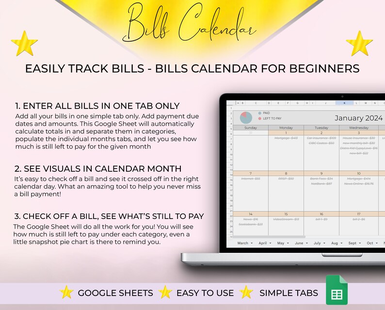 BILL Calendar Google Sheets, Monthly Bill Calendar, Dynamic Bill ...