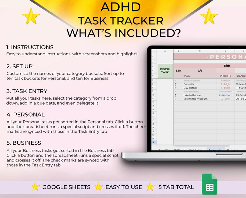 ADHD Task Tracker Spreadsheet for Google Sheets, Project Management ...