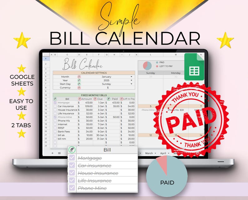 BILL Calendar Google Sheets, Monthly Bill Calendar, Dynamic Bill ...
