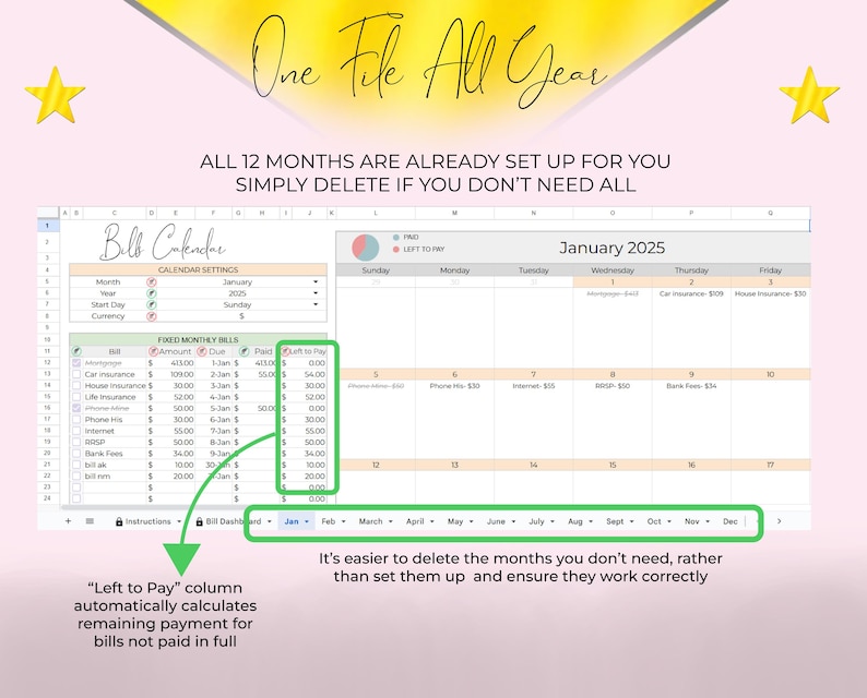 BILL Calendar Google Sheets, Monthly Bill Calendar, Dynamic Bill ...