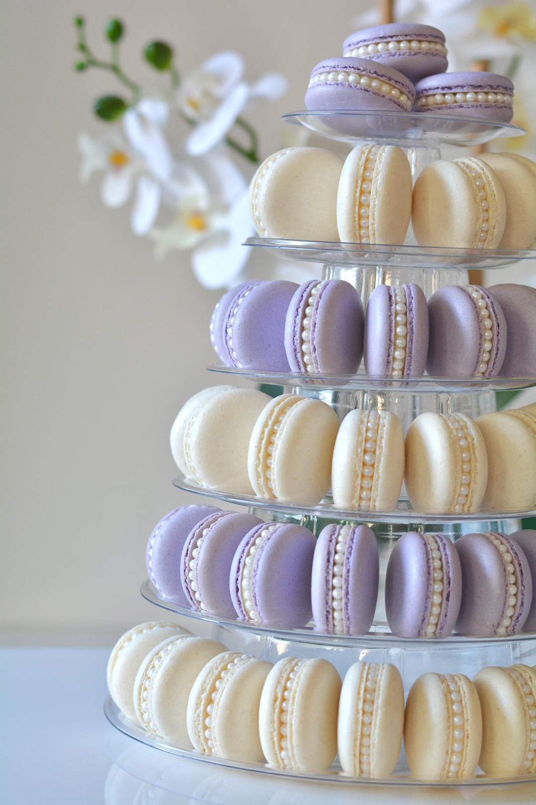 Lavender and White Pearl Macaron Tower - Macaroons Cookies Treats ...