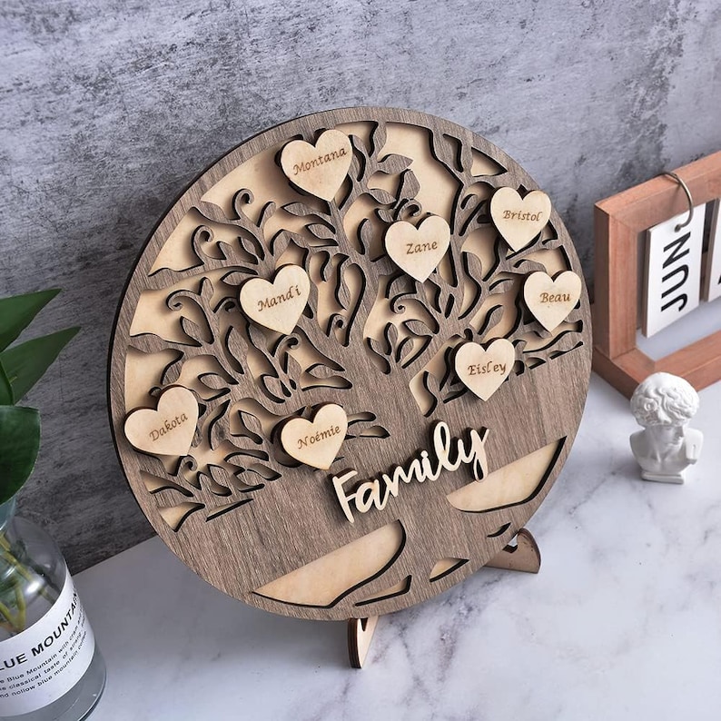Custom Name Family Member Hanging Hearts Tree Wooden, Engraved Wooden ...