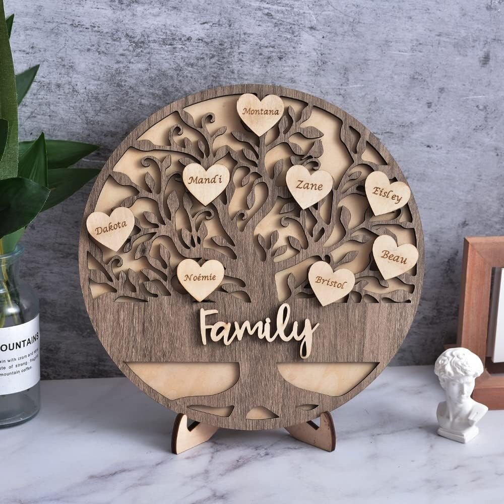 Custom Name Family Member Hanging Hearts Tree Wooden, Engraved Wooden ...