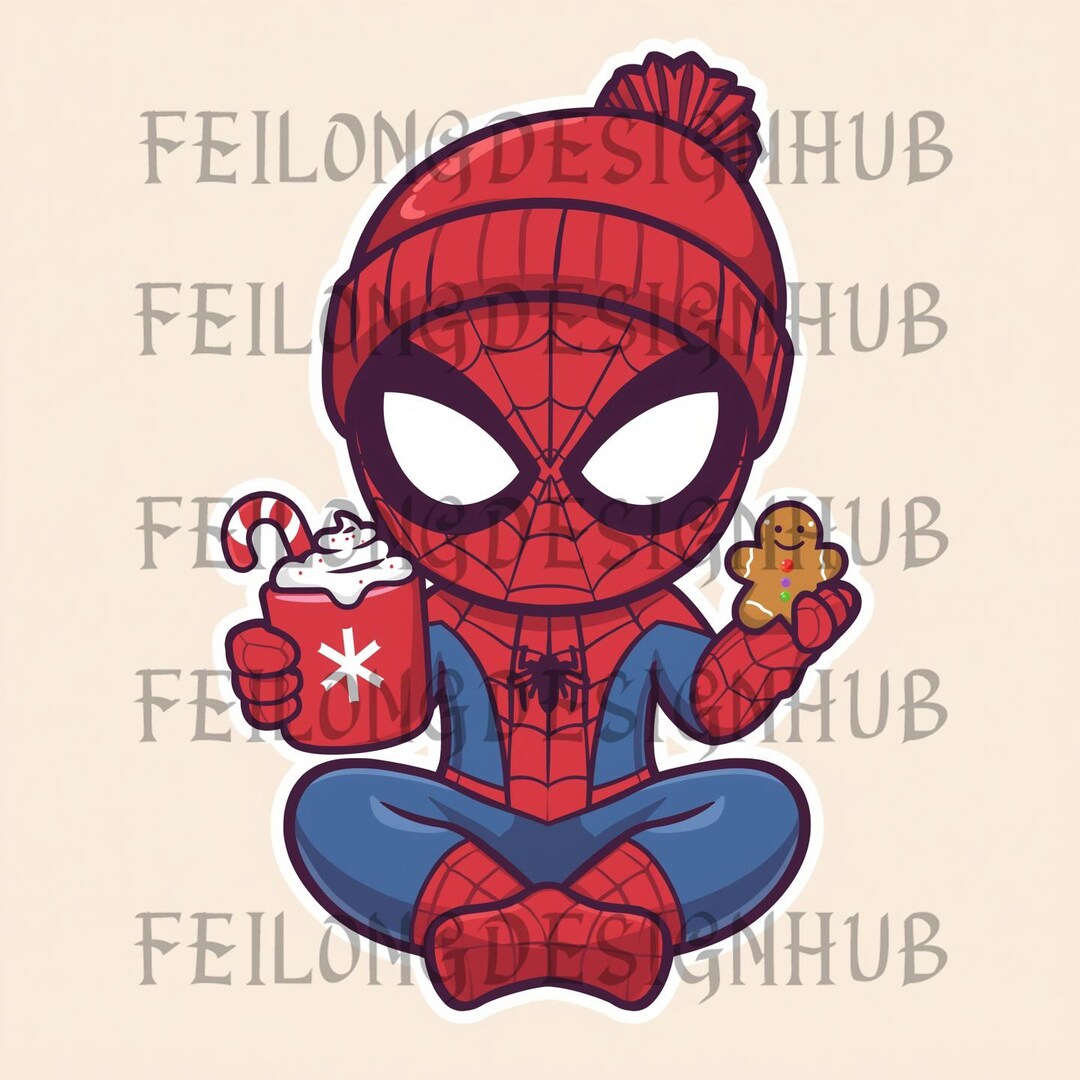 Cute Chibi Spider Hero Christmas Design With Hot Cocoa and Gingerbread ...