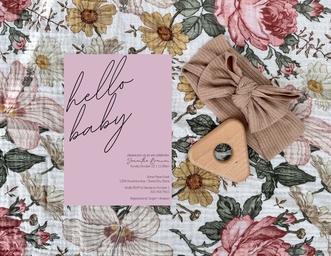 Pink Hello Baby Shower Invitation Template, Modern Baby Shower ...