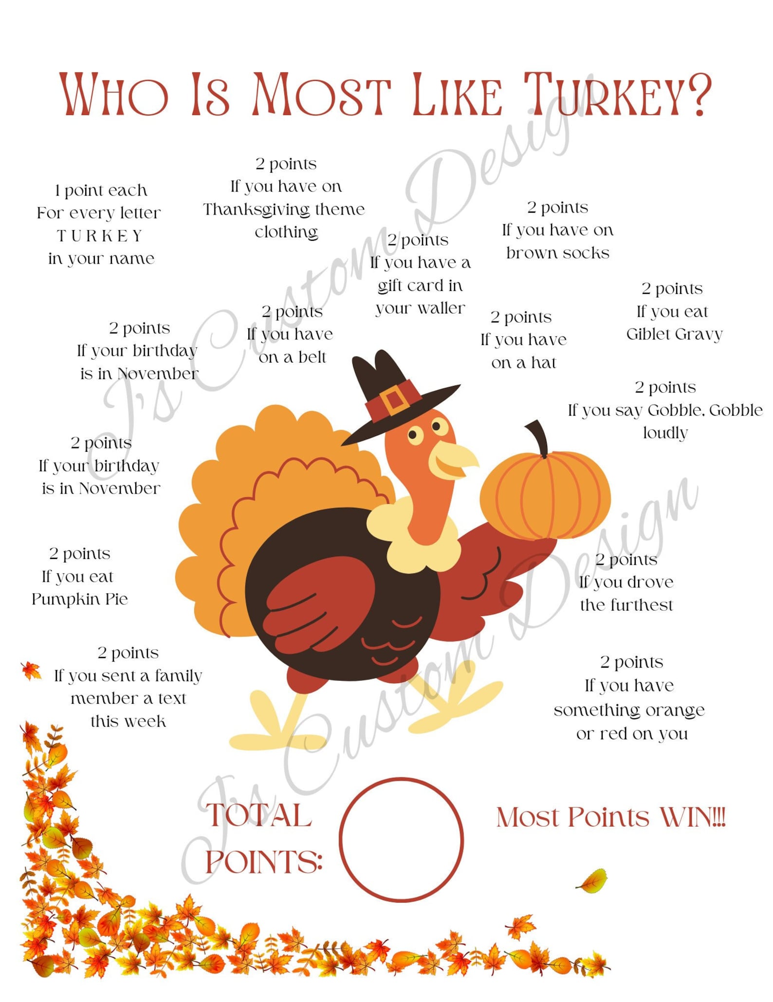 Who is Like the Turkey Game, Family Thanksgiving Game, Printable Game ...
