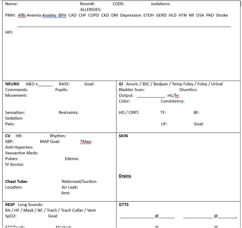 Printable ICU Report Sheet - Etsy