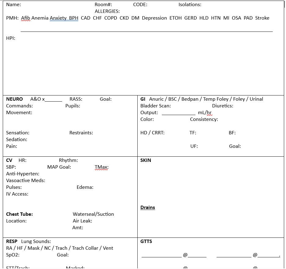 Printable ICU Report Sheet - Etsy