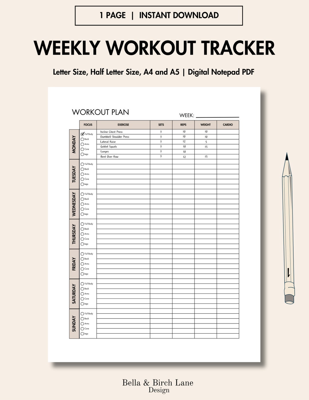 Exercise Tracker, Weekly Workout Tracker, Fitness Log, Workbook Log ...