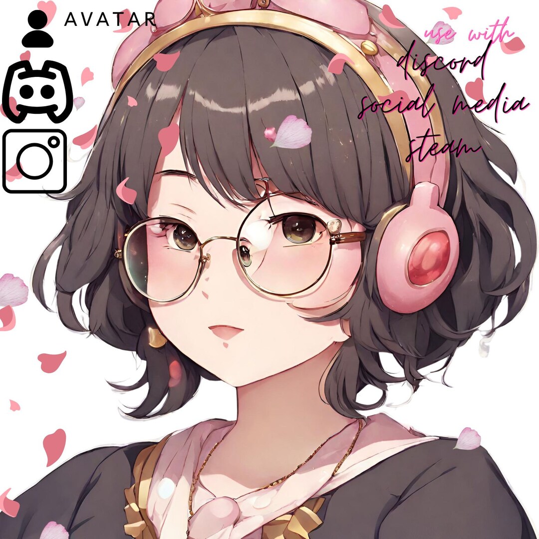 PFP Anime Girl Avatar Glasses Cute Flowers Headset Gamer Character ...