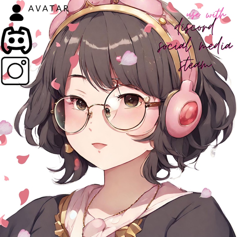 PFP Anime Girl Avatar Glasses Cute Flowers Headset Gamer Character ...