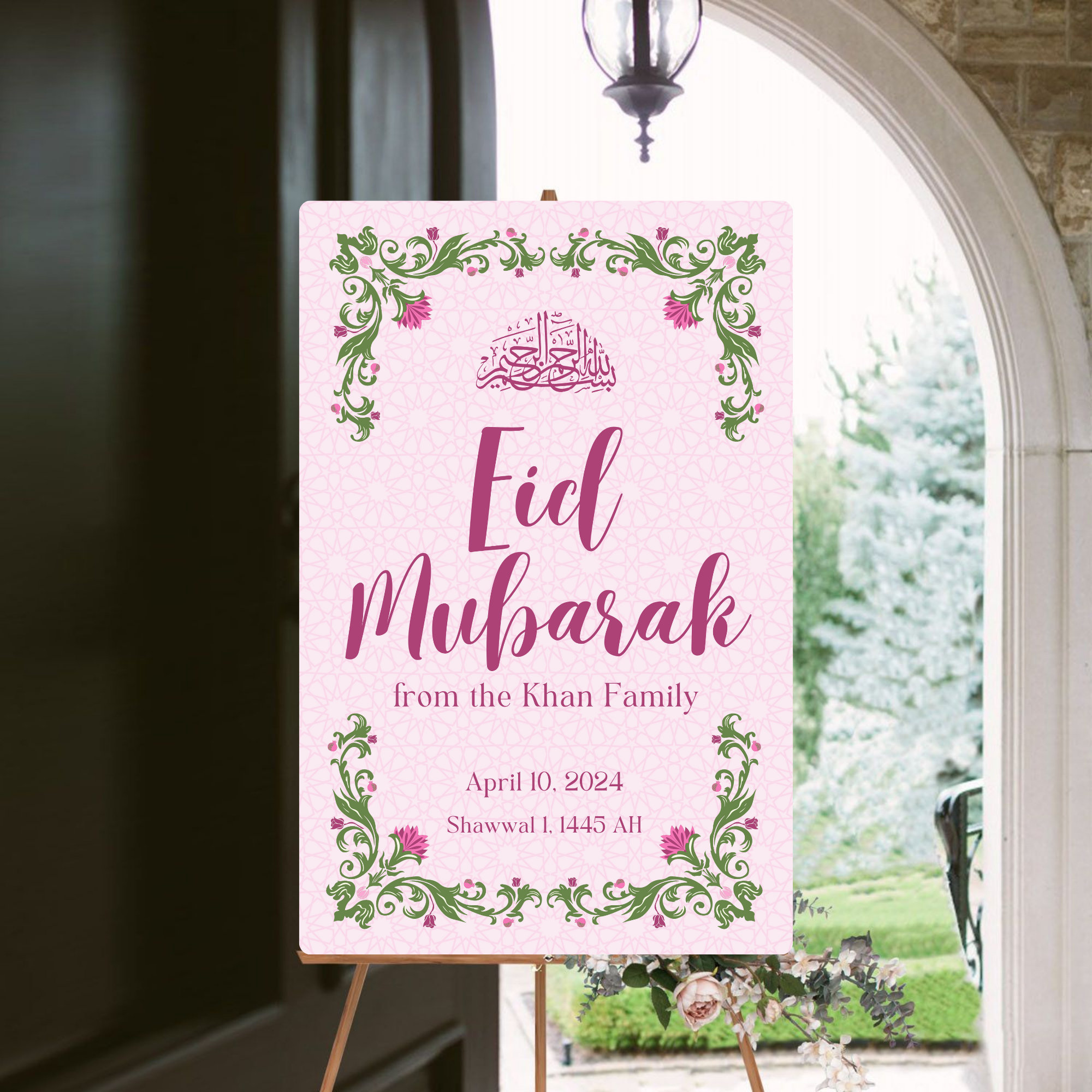 Eid Mubarak Welcome Sign Pink Islamic Floral Design Eid Ul Fitr Digital ...
