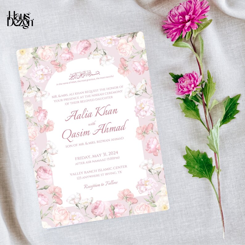 Pink Floral Nikkah Invitation, Elegant Islamic Wedding Invite, Vintage ...