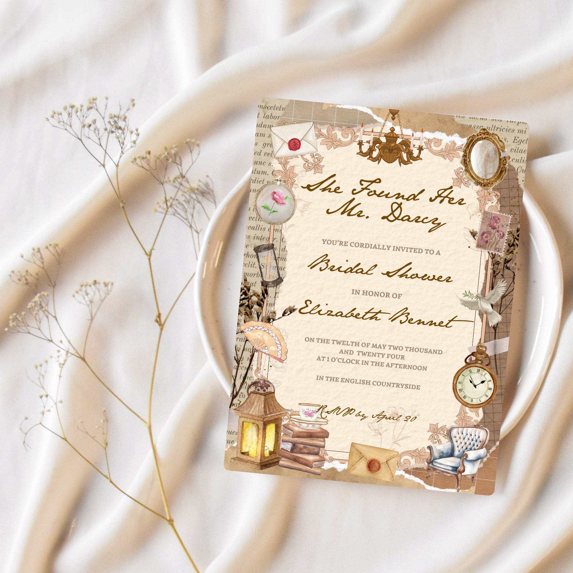 Pride and Prejudice Bridal Shower Invitation- Jane Austen- Victorian ...