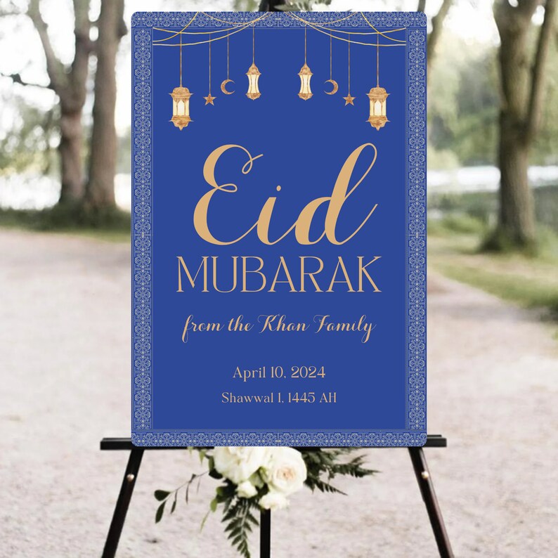Eid Mubarak Welcome Sign- Gold Lantern- Blue Islamic Pattern- Eid Ul ...