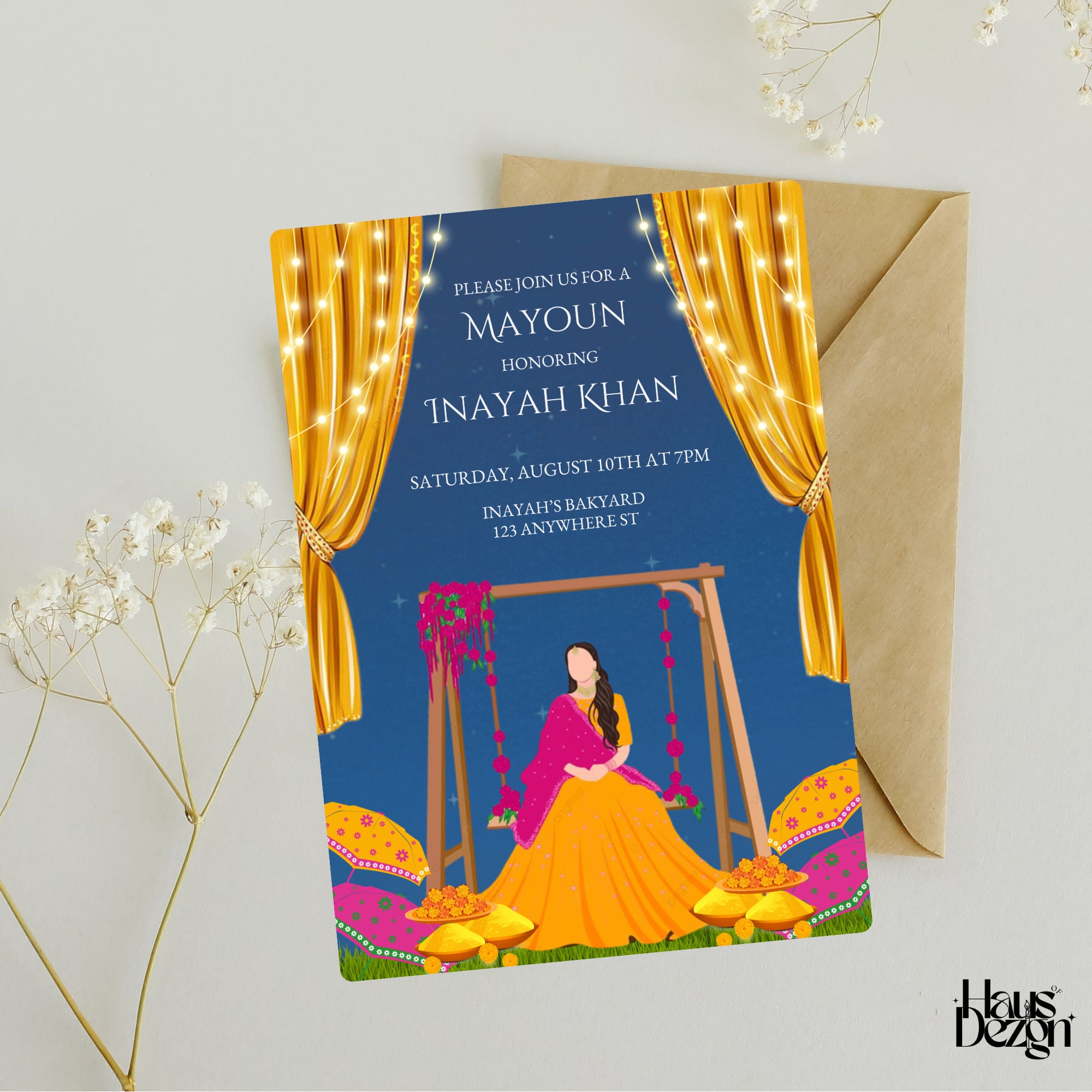 Mehndi, Mayoun Invitation Template, Dholki Invite, Marigold, Umbrella ...