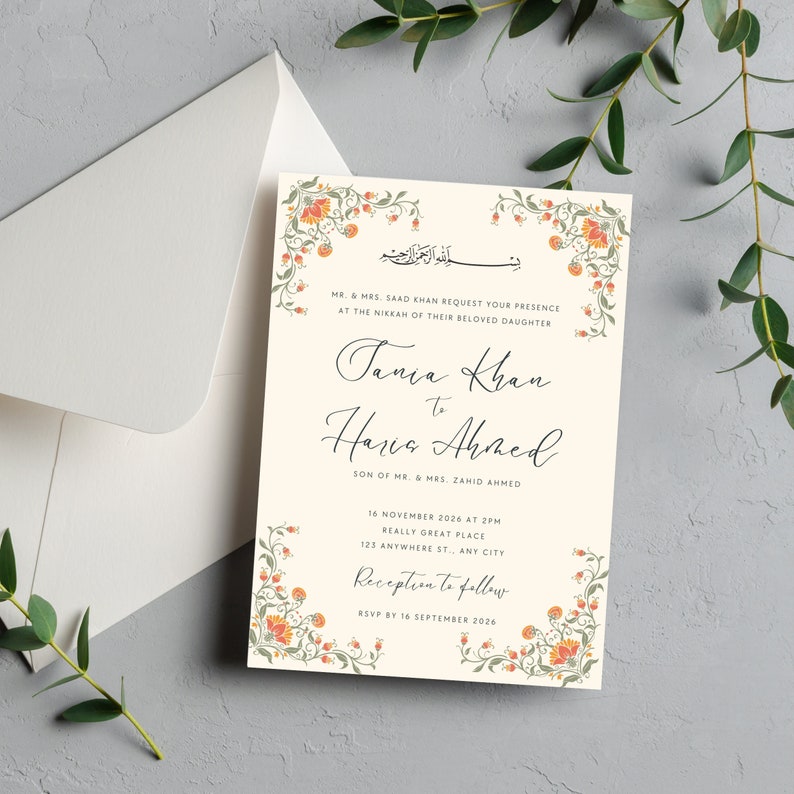 Peach Floral Nikkah Invitation Muslim Wedding Invite Pakistani/indian ...