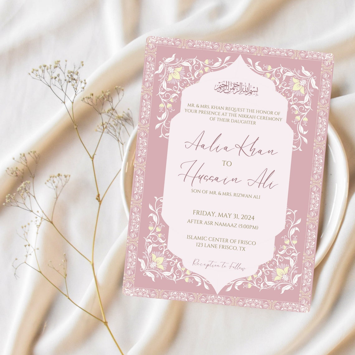 Luxury Elegant Nikkah Invitation Pink and Gold Intricate Islamic ...