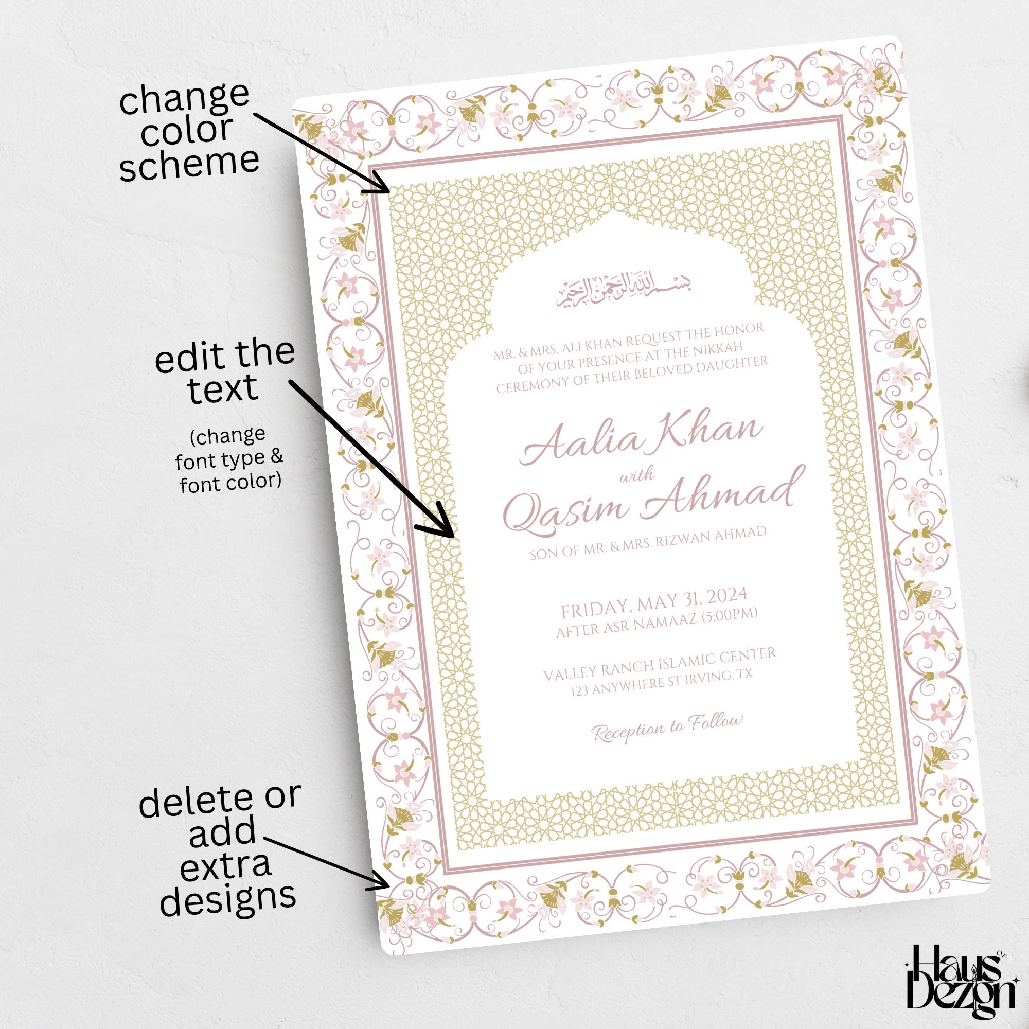Elegant Islamic Wedding Invitation Template, Muslim Wedding Invite ...
