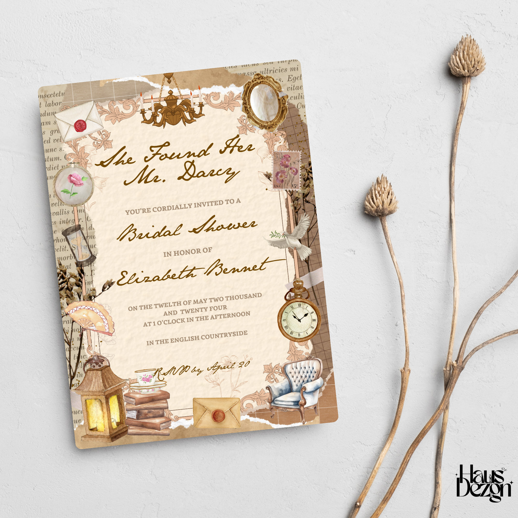 Pride and Prejudice Bridal Shower Invitation- Jane Austen- Victorian ...