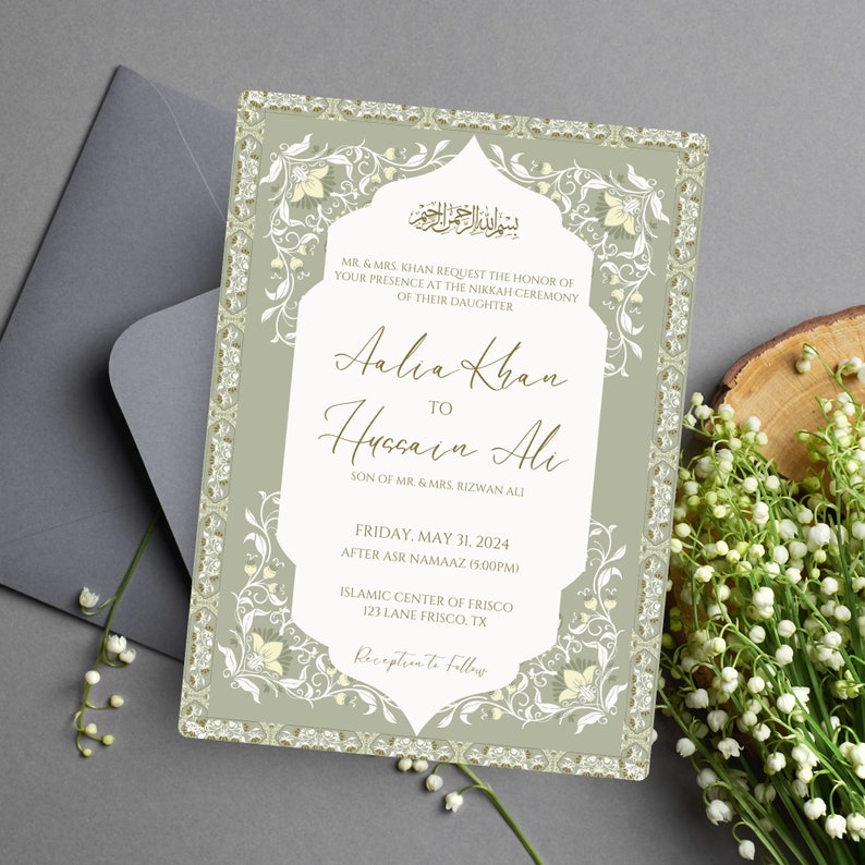 Digital Nikkah Invite- Elegant Islamic Invitation- Sage Green, Gold ...