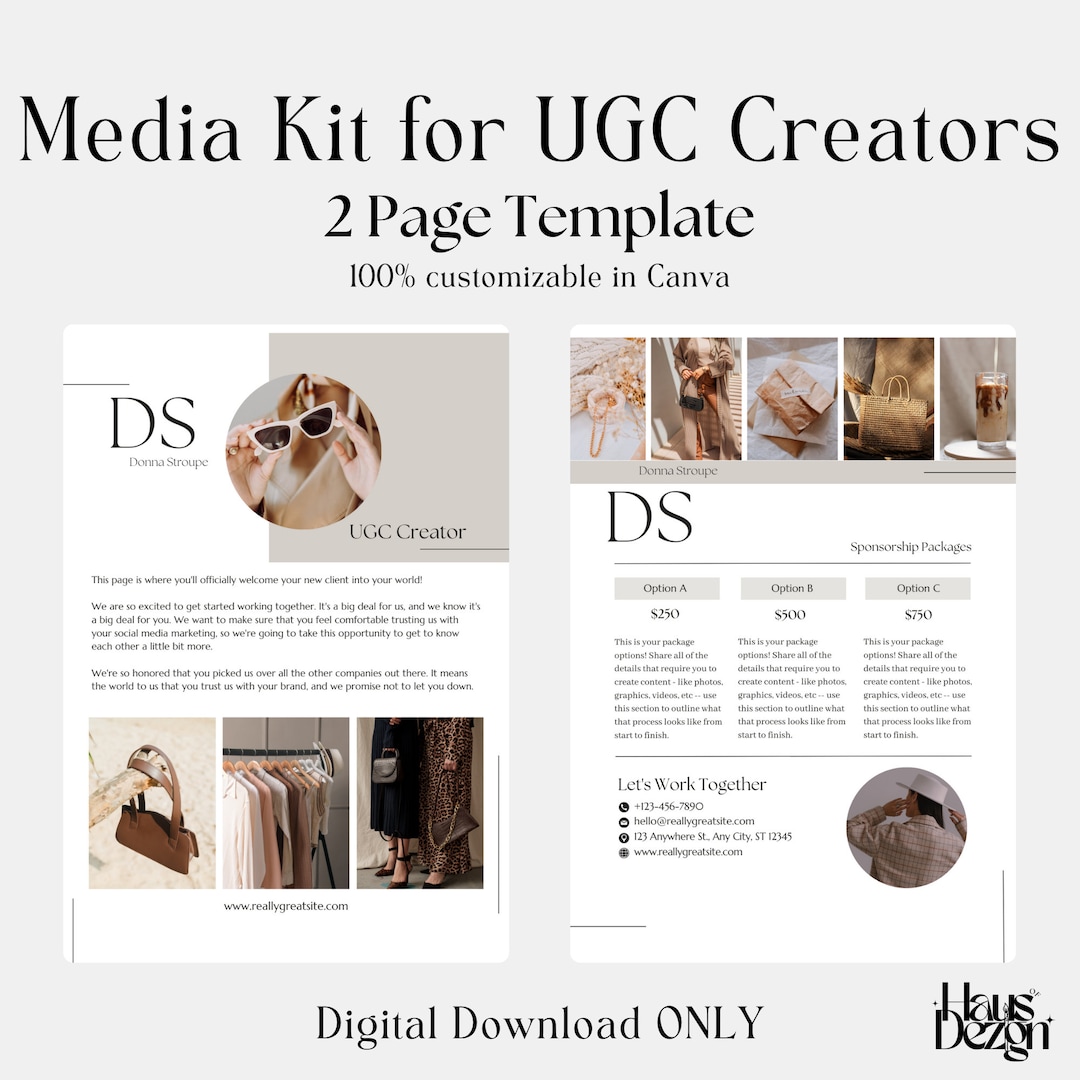 Simple and Clean UGC Creator Media Kit- 2 Page Editable- Influencer ...