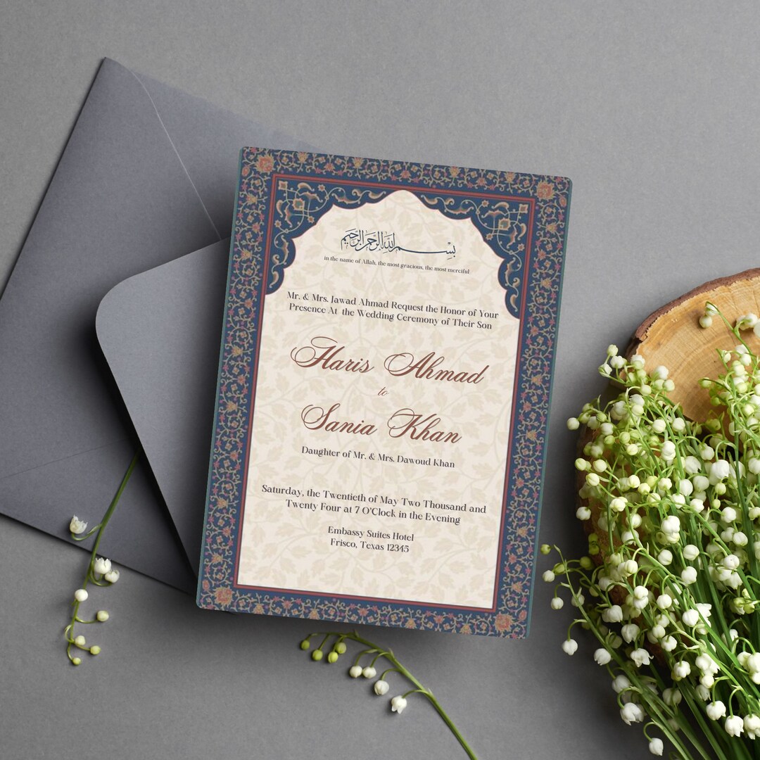 Teal Intricate Islamic Border Wedding Invitation- Nikkah- Engagement ...