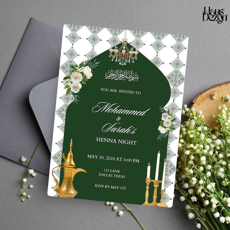 Traditional Moroccan Henna Invitation- Islamic Wedding Invite- Green ...