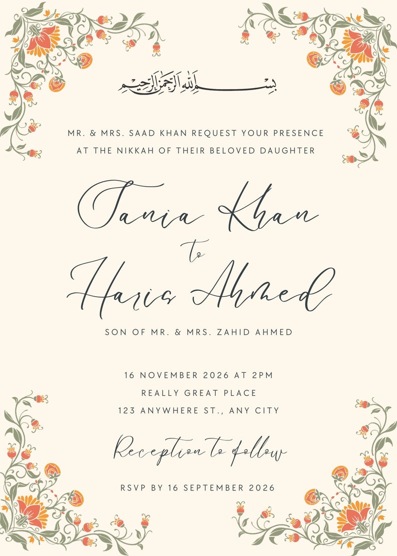 Peach Floral Nikkah Invitation Muslim Wedding Invite Pakistani/indian ...