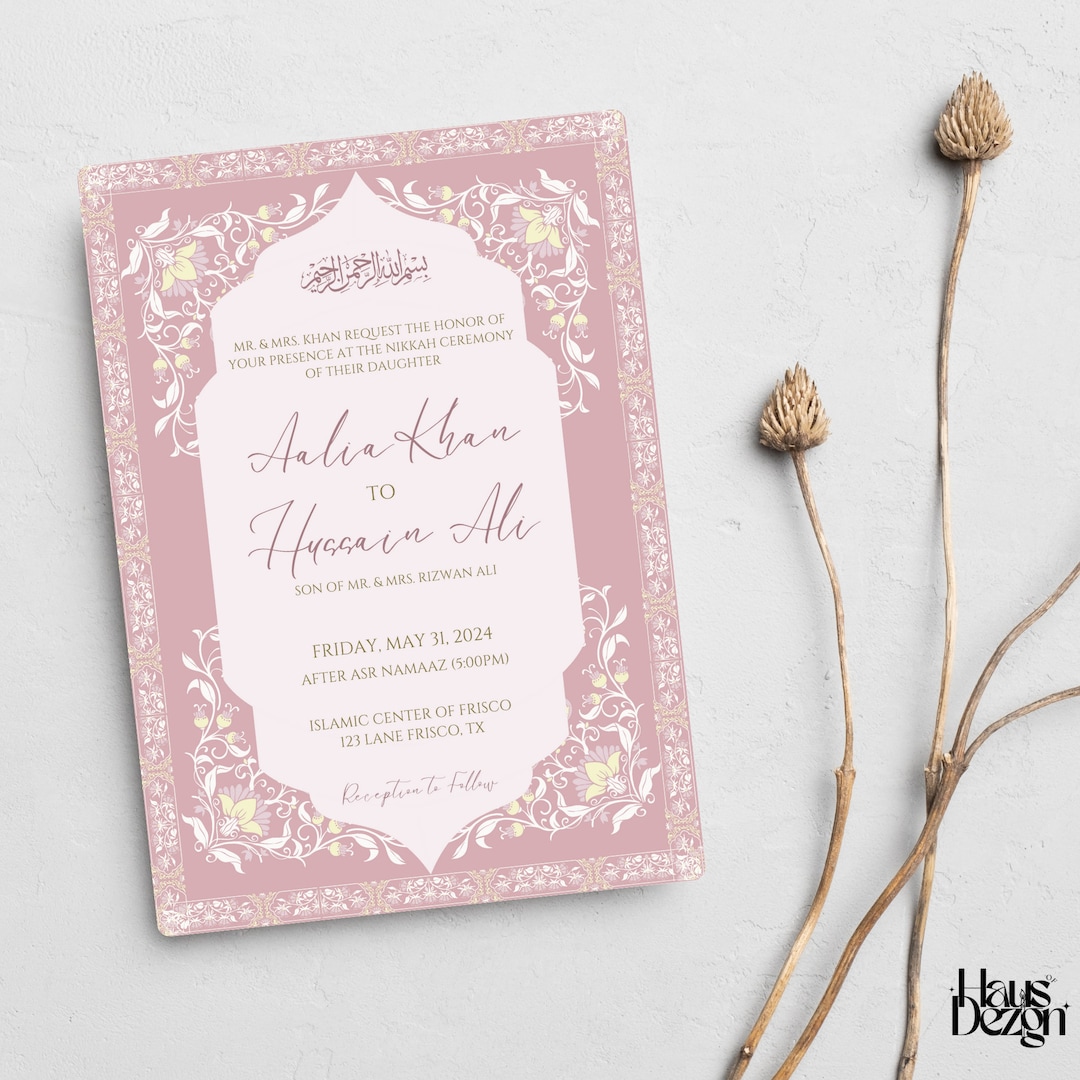 Luxury Elegant Nikkah Invitation- Pink and Gold- Intricate Islamic ...