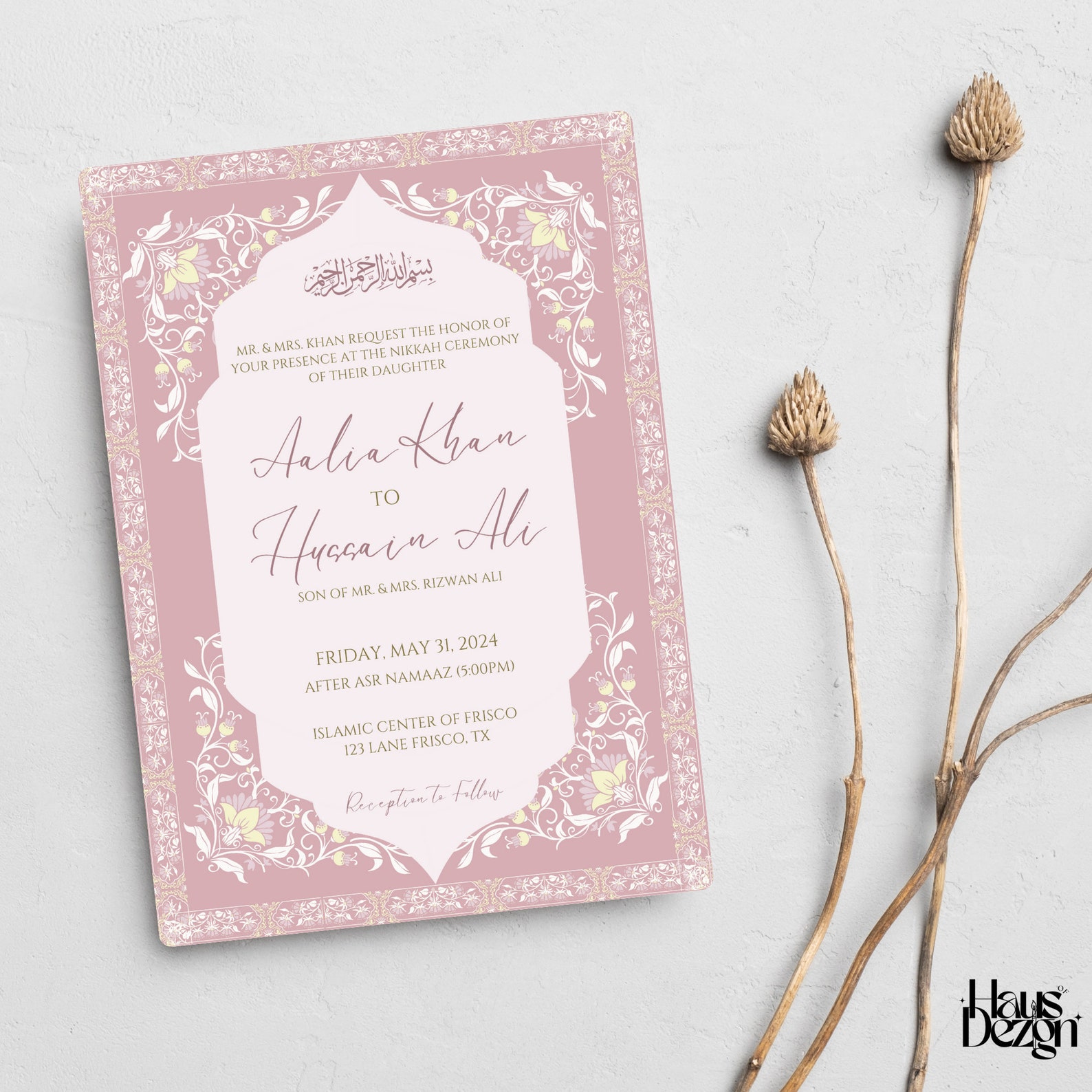 Luxury Elegant Nikkah Invitation- Pink and Gold- Intricate Islamic ...