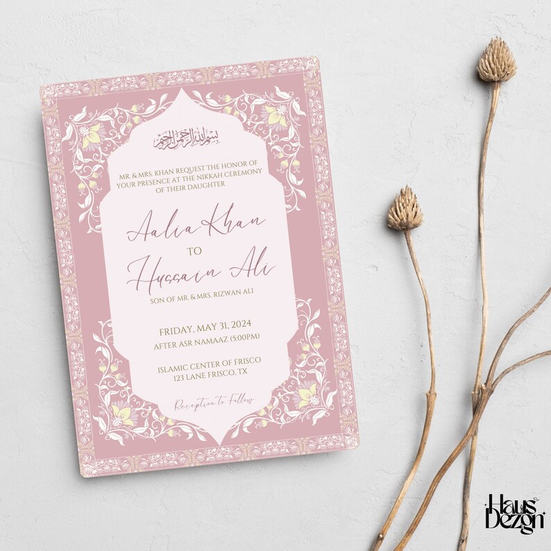 Luxury Elegant Nikkah Invitation- Pink and Gold- Intricate Islamic ...