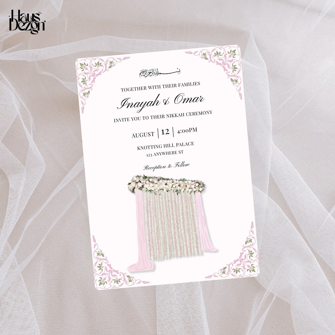 Elegant Nikkah Invite, Islamic Wedding Invitation, Pink Flower ...