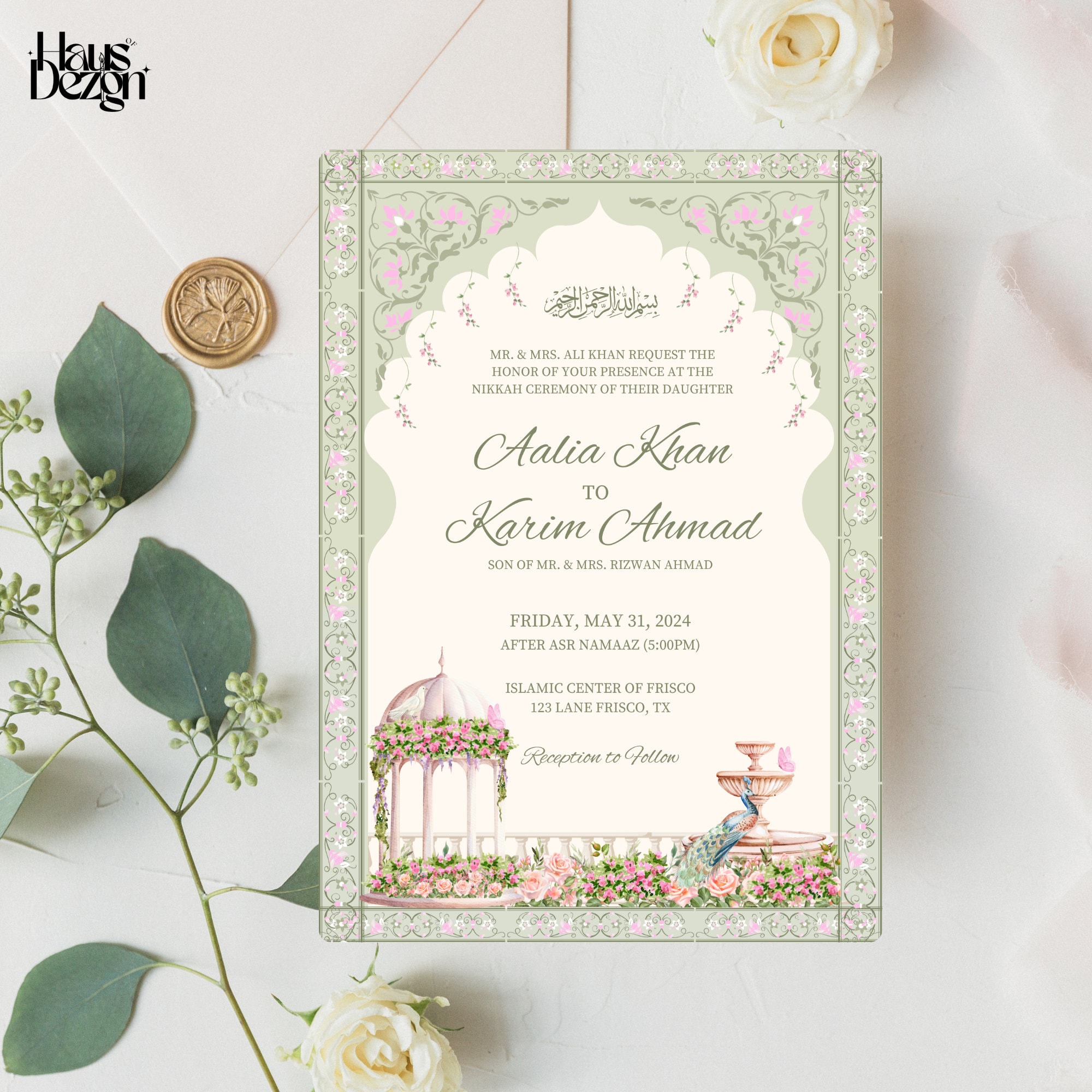 Sage Green Muslim Wedding Invite, Islamic Nikkah Invitation, Mughal ...