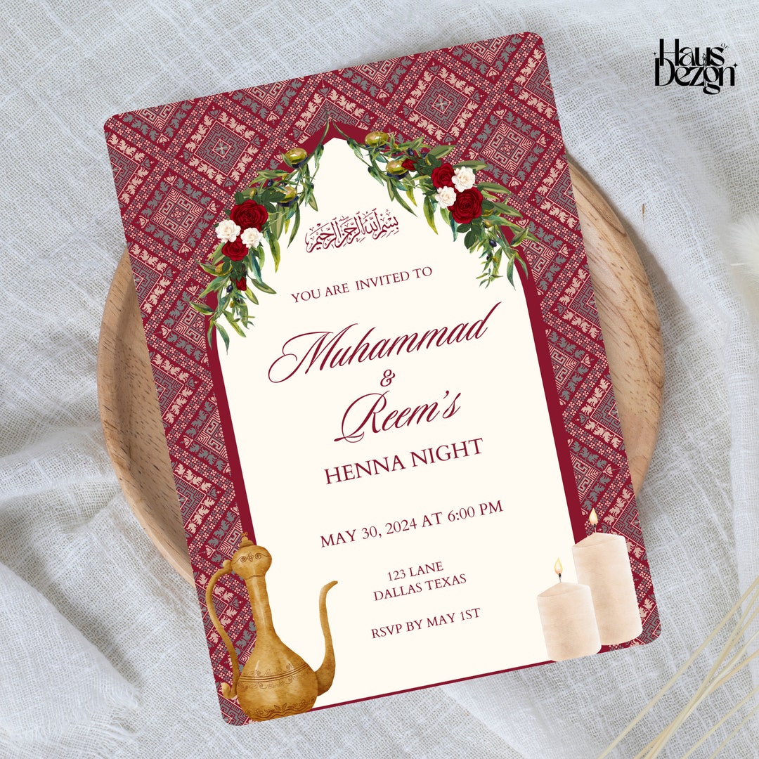 Palestinian Henna Wedding Invitation- Maroon Tatreez- Olive Branches ...