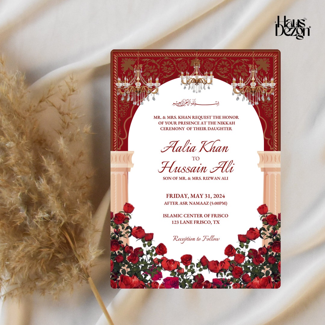Maroon Elegant and Luxurious Nikkah Invitation, Red Roses, Islamic ...