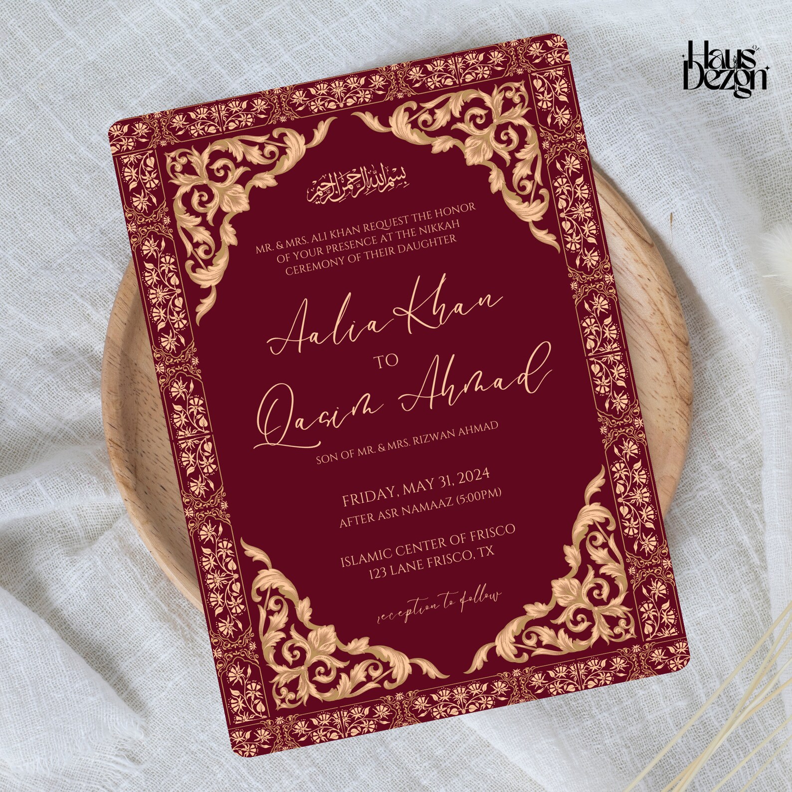 Islamic Wedding Invitation Template, Maroon and Gold Invite, Nikkah ...