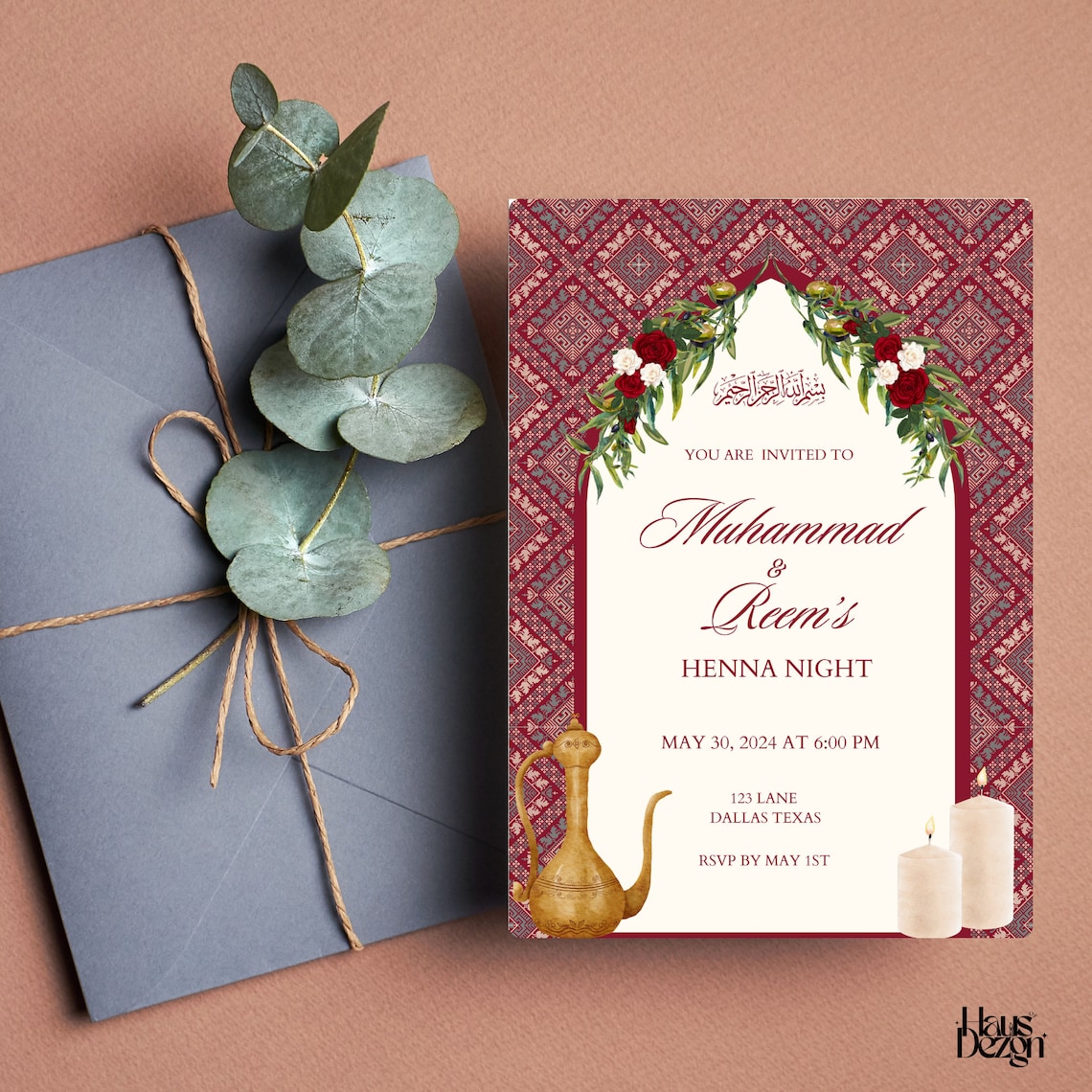 Palestinian Henna Wedding Invitation- Maroon Tatreez- Olive Branches ...
