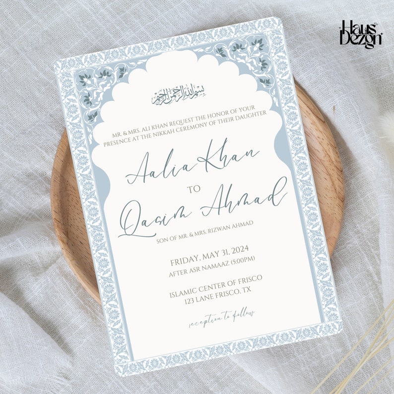 Luxury Nikkah Invitation Pastel Blue Mughal Arch Islamic Wedding Invite ...