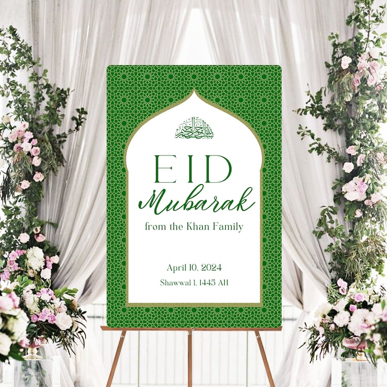 Eid Mubarak Welcome Sign Eid Ul Fitr Emerald Green Gold Islamic Pattern ...