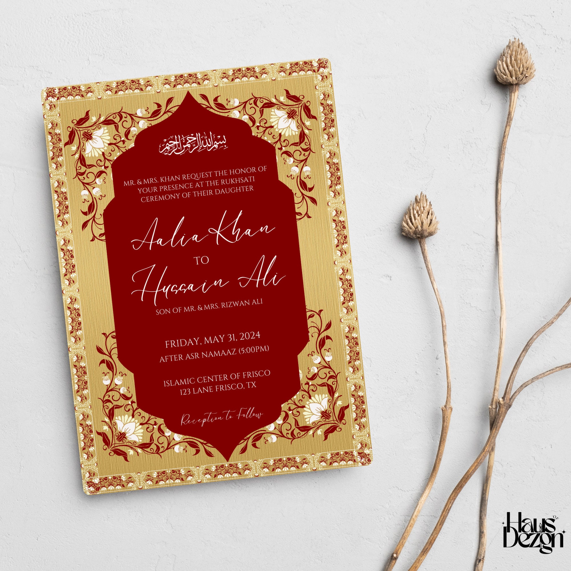 Islamic Maroon Gold Nikkah Invitation- Muslim Wedding Invite- Elegant ...