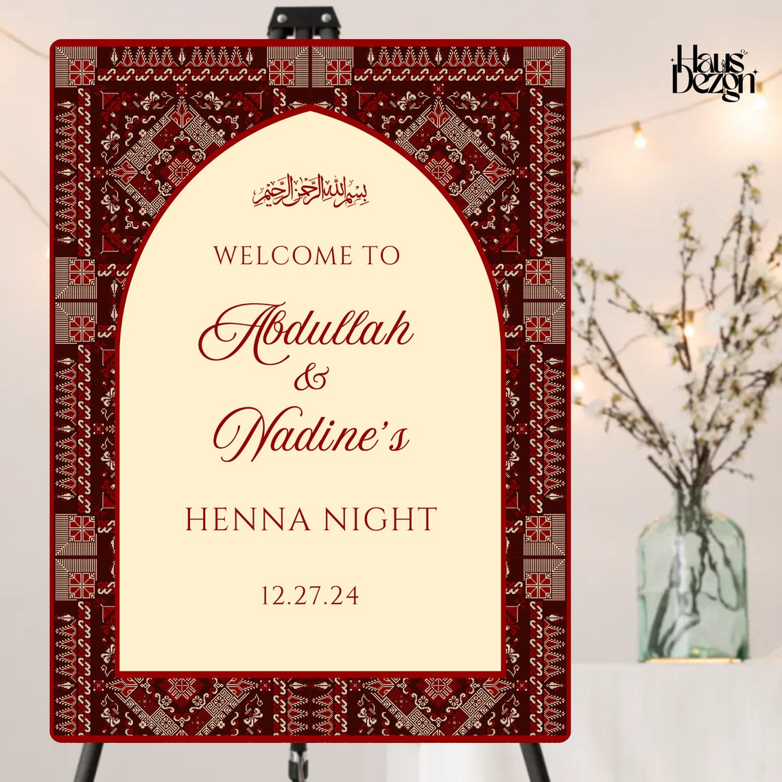 Elegant Palestinian Henna Welcome Sign, Simple, Tatreez Pattern, 3roosa ...