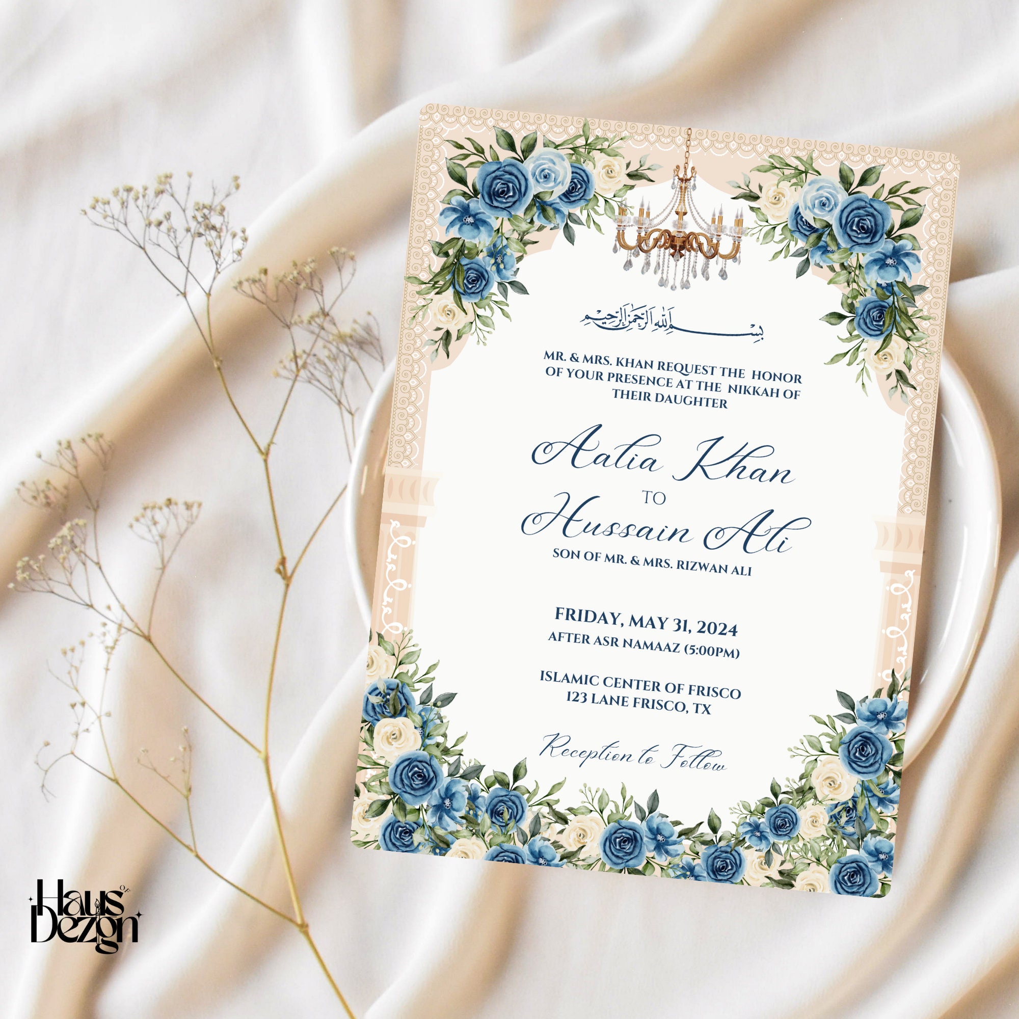 Digital Nikkah Invitation Template, Blue Floral, Mughal Arch, Islamic ...
