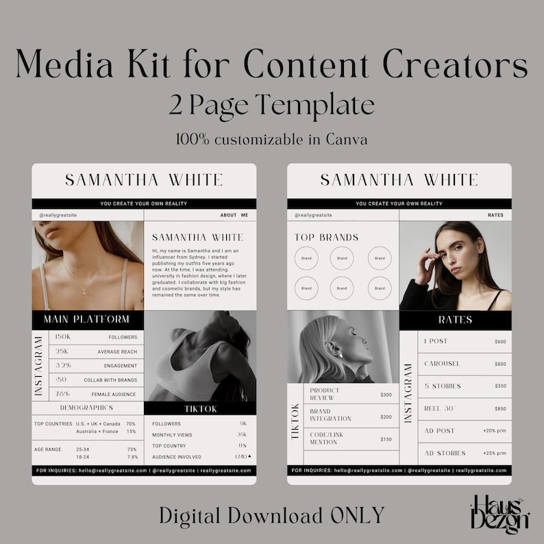 Media Kit for Content Creator- 2 Page Template- Digital Download ...