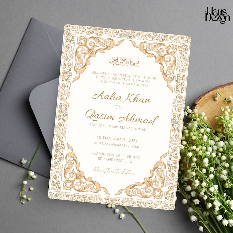 Islamic Wedding Invitation Template, White and Gold Invite, Nikkah ...