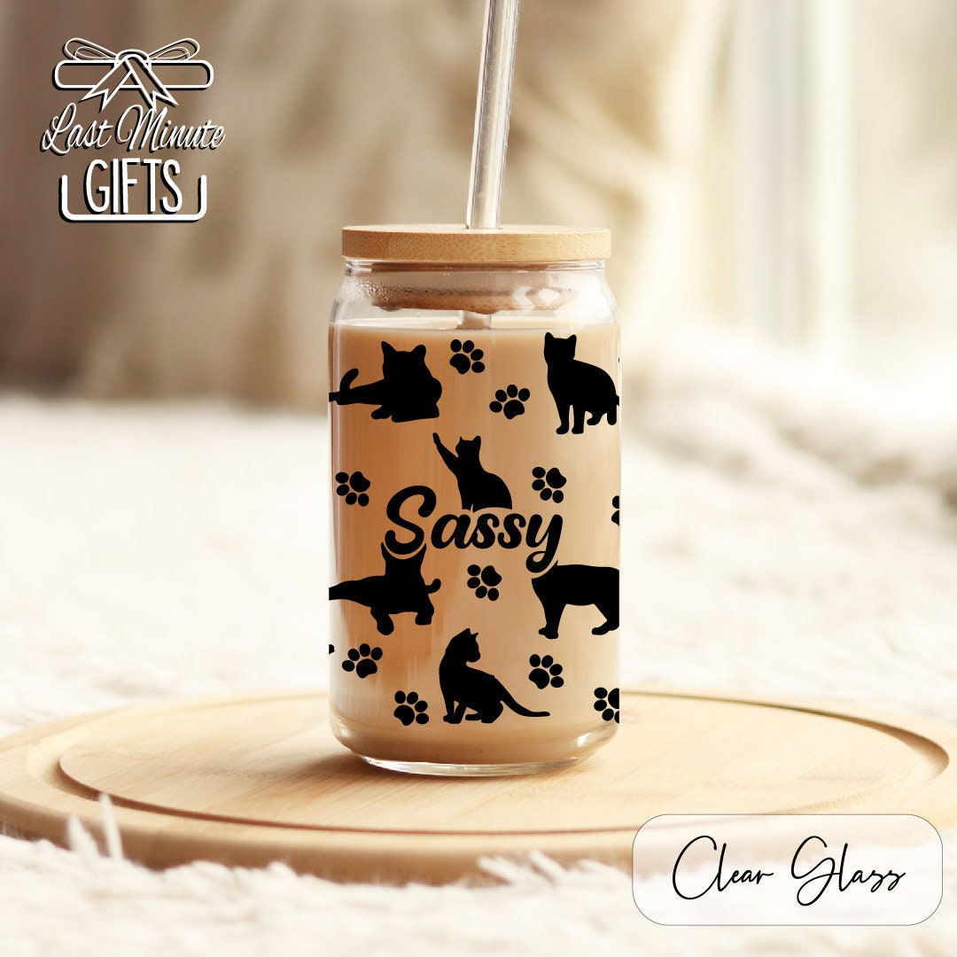 Cute Cat Paws Glass Drinking Jar, Custom Cat Mom Iced Coffee Jar, Funny ...