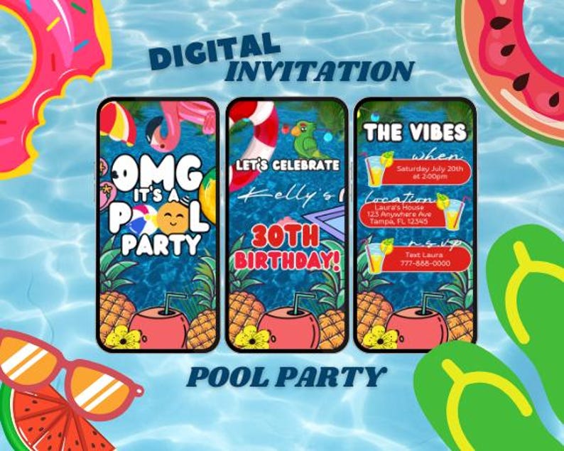 Tropical Pool Party Digital Animated Invitation, 30th Bday Swim Party ...