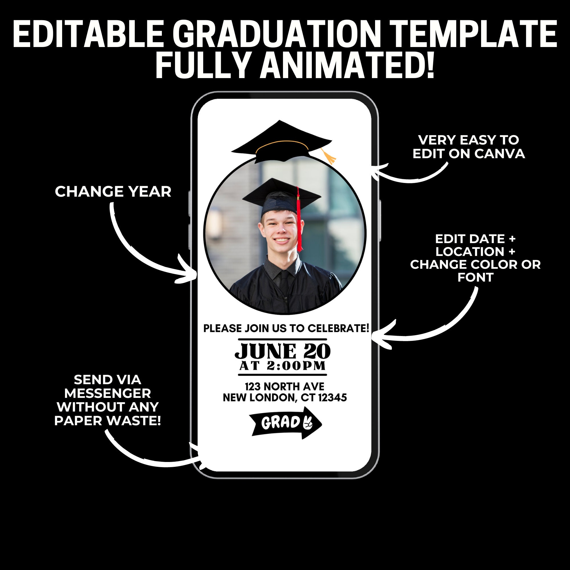 Simple Black White Custom Graduation Digital Download Template, Modern ...