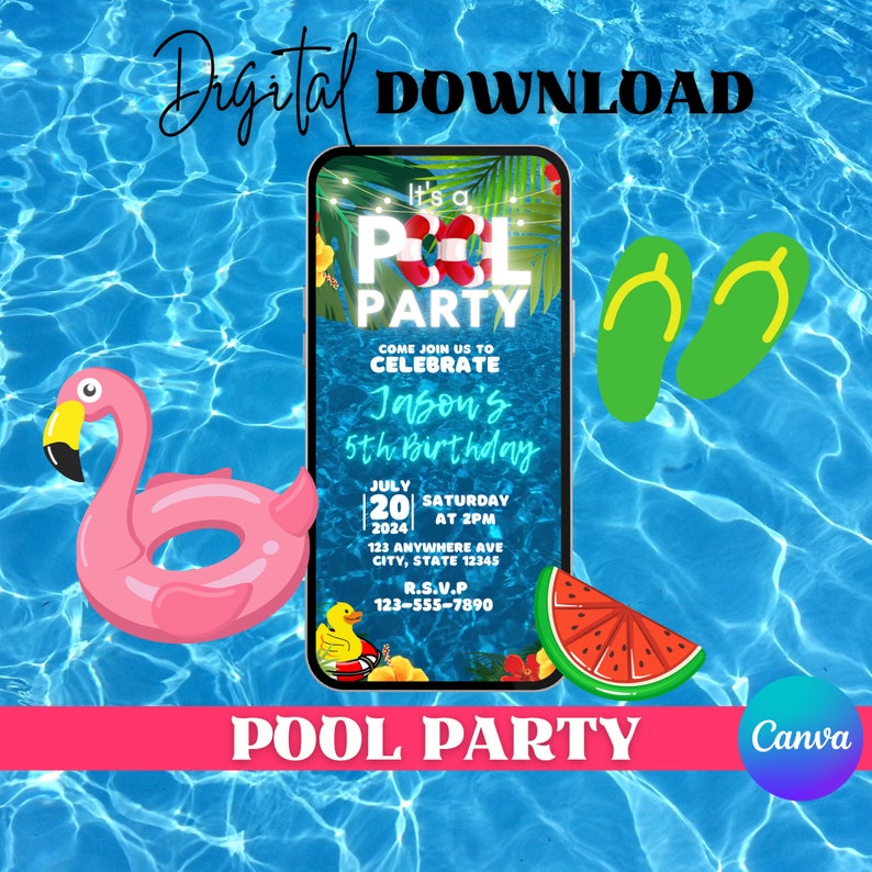 Pool Party Invitation, Animated Textable Swim Party Invite, Pool ...